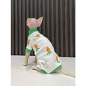 Sphynx Hairless Cat Clothes Autumn Cotton T-Shirts Four Leg Jumpsuit Base Shirts High Collar Pullover Cute Pattern Kitten Shirts Pet Clothes (L（6.6-8.8lbs）, Carrot)
