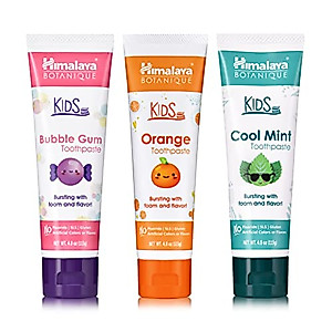 Himalaya Botanique Kids Toothpaste Variety Pack, Bubble Gum, Orange & Cool Mint Flavors to Reduce Plaque and Keep Kids Brushing Longer, 4 oz, 3 Pack