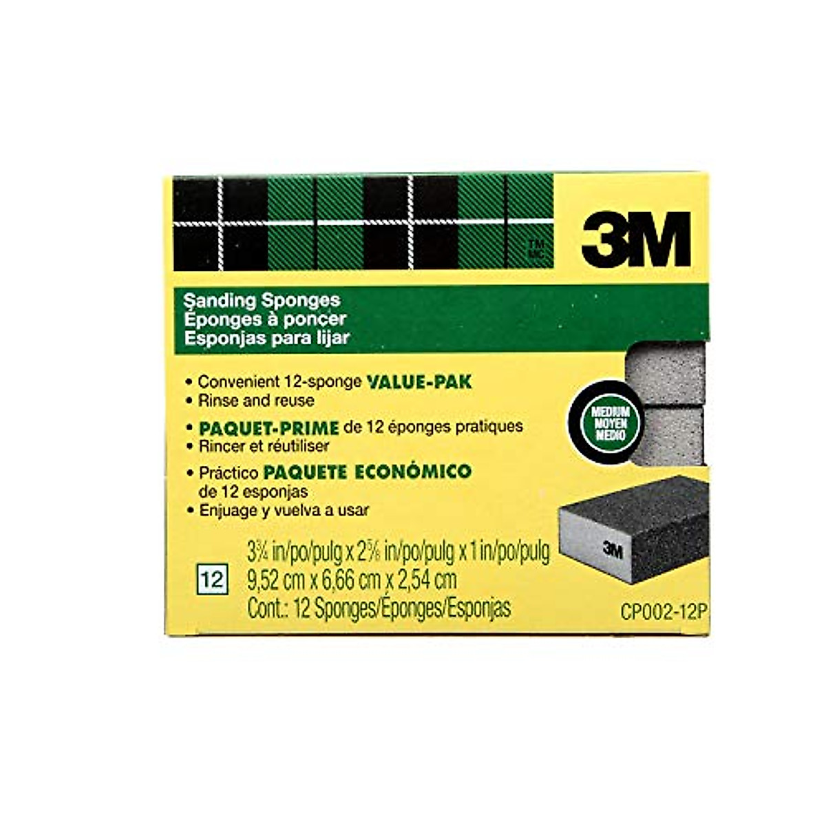 3M Sanding Sponge, 3 3/4 in x 2 5/8 in, Medium, 12-Pack