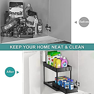 DBDEIW Under Sink Pull Out Home Organizers and Storage,2 Tier Under Cabinet Organizer with Sliding Basket Drawer,Under-Sink Organizers with Hooks & Hanging Cups for Bathroom/Kitchen,Black
