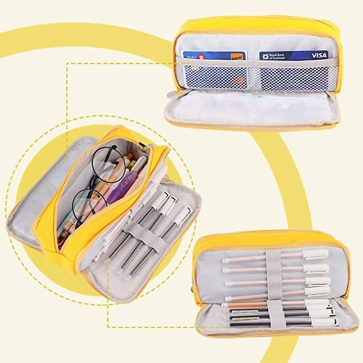 ORPHEUS Large Pencil Case Big Capacity 3 Compartments Canvas Pencil Pouch for Teen Boys Girls School Students (Yellow)