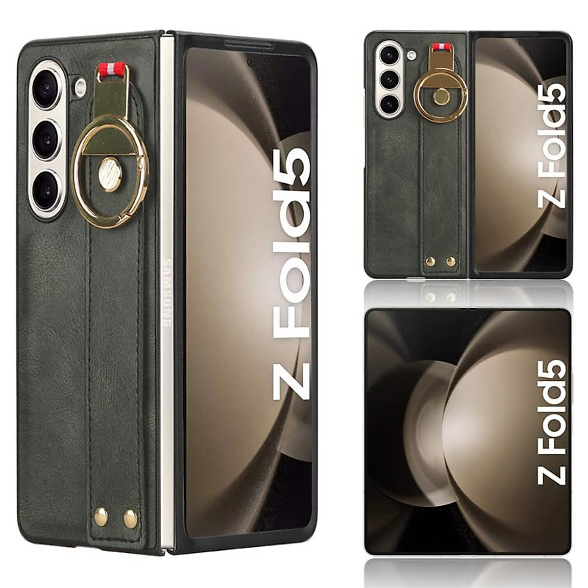 lefeda Leather Case for Samsung Galaxy Z Fold 5, Slim Case with Ring and Neck Lanyard Soft Anti-Scratch Microfiber Lining,Green