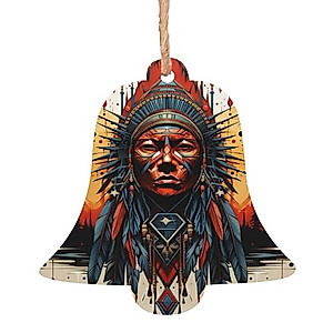Bell Shape Christmas Tree Hanging Wooden Ornaments for Holidays, Party, Car, Home, Office Decoration Gifts 6 Pcs - Tribal Indian Southwest Geometric Native Vintage