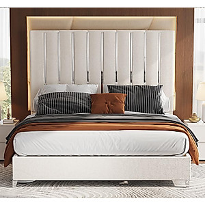Jocisland King Bed Frame with 58" Tall Headboard, Velvet Upholstered Platform Bed Frame with Silver Plating Trim, Sturdy Bed No Box Spring Needed, Cream