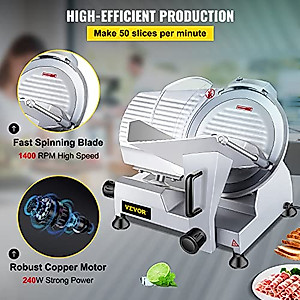 VEVOR Commercial Meat Slicer, 10 inch Electric Food Slicer, 240W Frozen Meat Deli Slicer, Premium Chromium-plated Steel Blade Semi-Auto Meat Slicer For Commercial and Home use