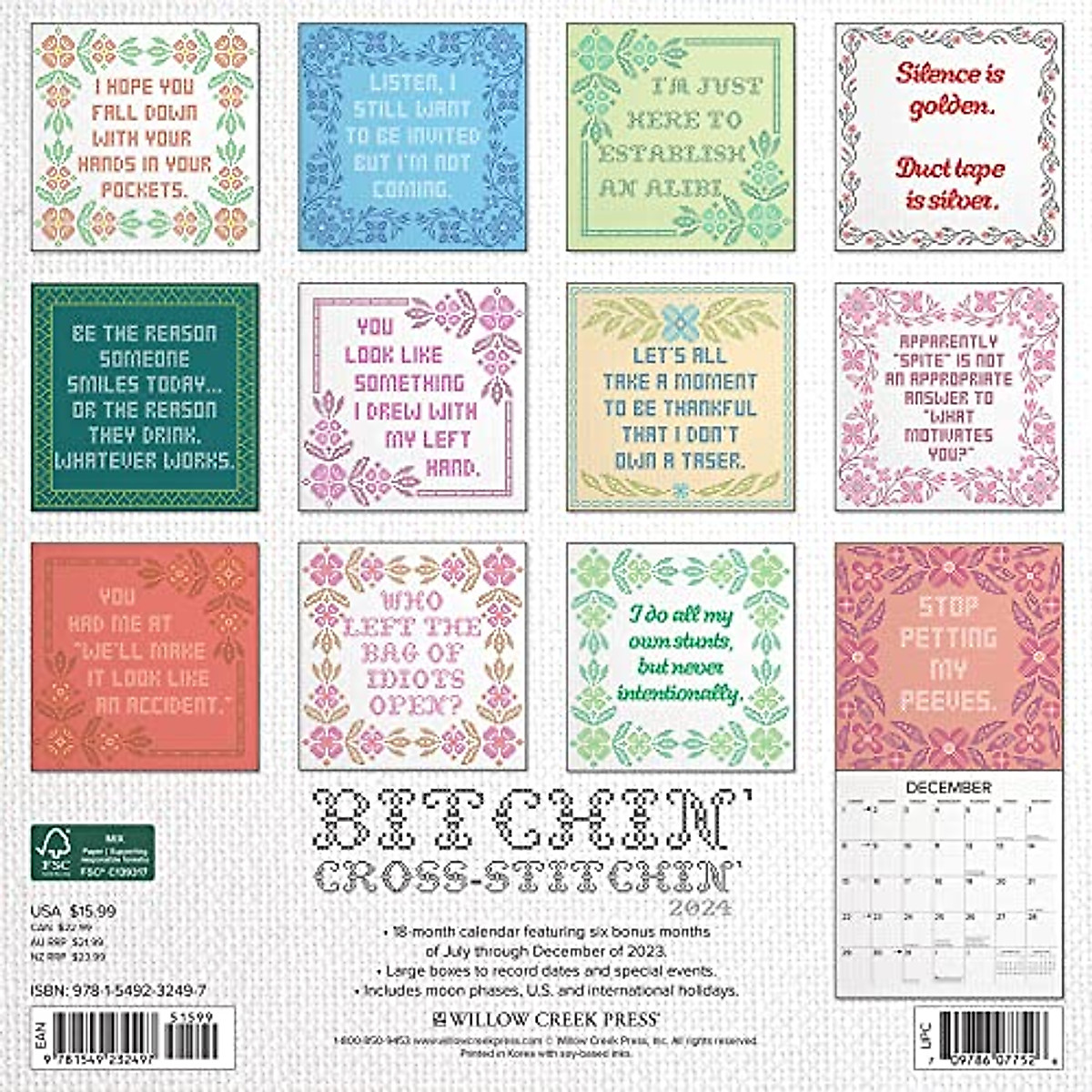 Willow Creek Press Bitchin' Cross-Stitchin' Monthly 2024 Wall Calendar (12" x 12")