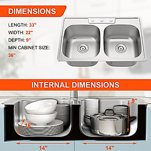 Blenzia 33 Inch Double Bowl Kitchen Sink Topmount 50/50 Drop In 18 Gauge 304 Stainless Steel Sinks with Basket Strainer 33” x 22” x 9”