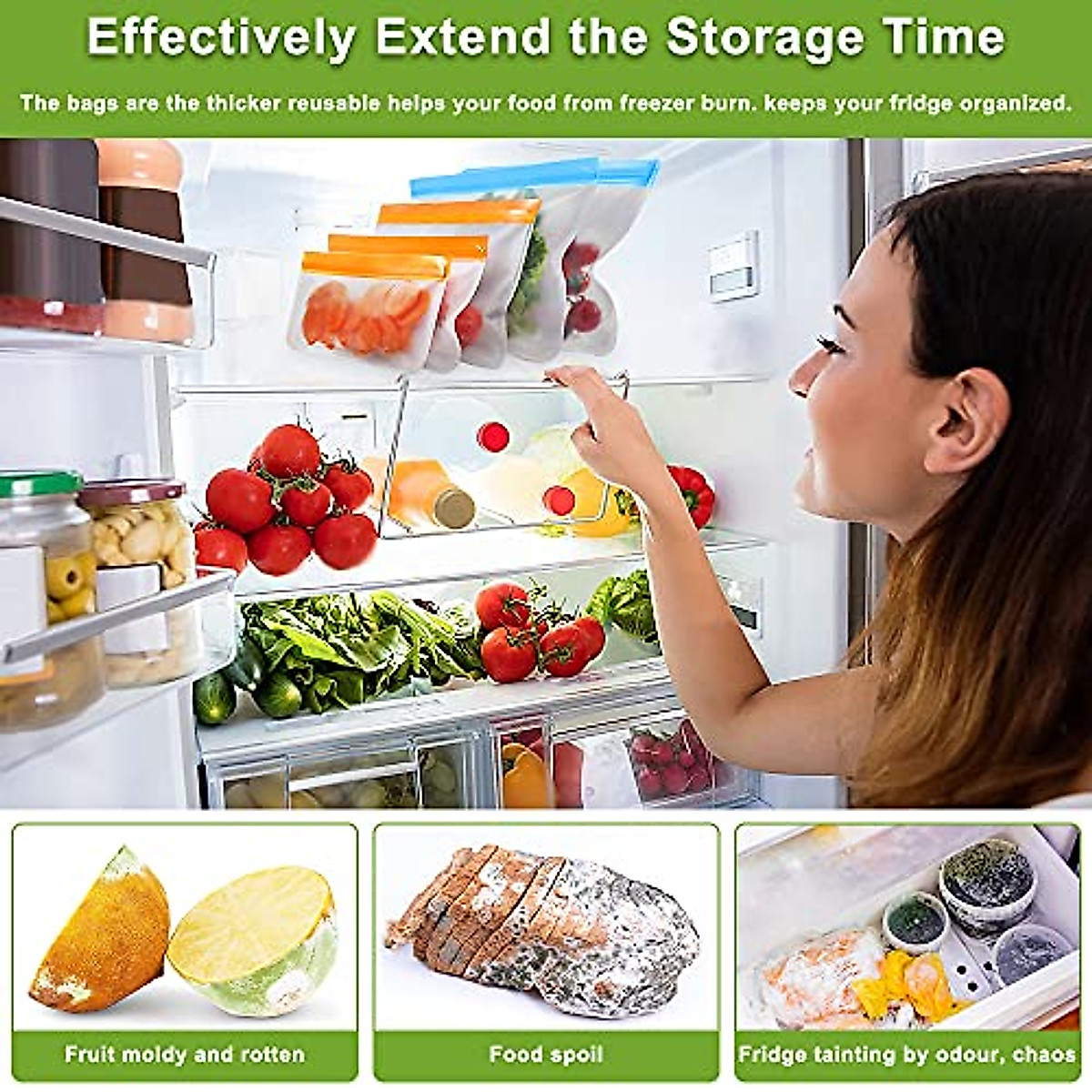 BLOCE Reusable Ziplock Bags Silicone, 3 Pack BPA FREE Flat Freezer Bags, FDA Grade Leakproof Reusable Vacuum Bags, Lunch Bags For Meat Fruit Cereal Snacks