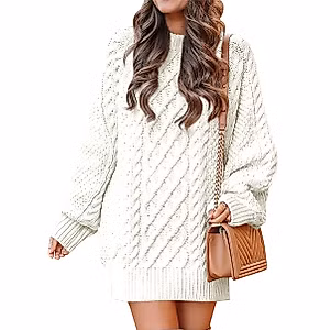 ANRABESS Women Long Sleeve Oversized Cable Knit Chunky Baggy Loose Pullover Tunic Mini Sweater Dress 2025 Trendy Fall Outfits White Medium
