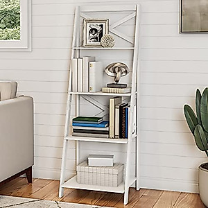 Lavish Home 4-Tier Ladder Bookshelf – Freestanding Wooden Bookcase – X-Back Frame and Leaning Look Decorative Shelves for Home and Office (White) Set of 1