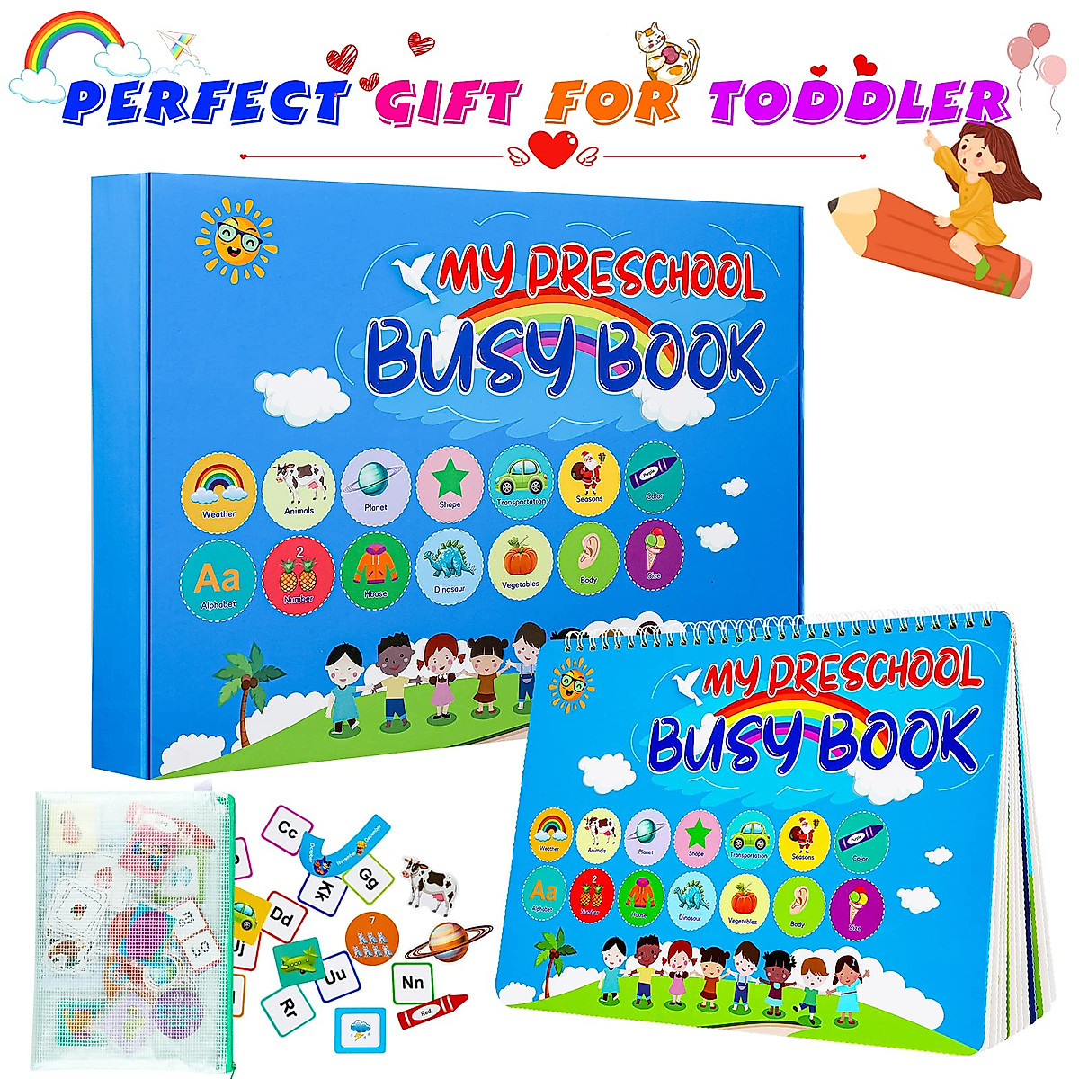 Busy Book for Kids, 14 Themes Toddler Preschool Learning Activities Montessori Toys, Autism Sensory Educational Toys, Early Learning Toys Book for Boys Girls Develops Fine Motor Skills