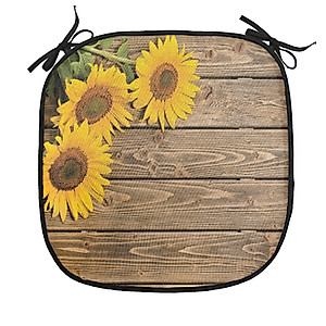 Lunarable Sunflower Chair Cushion Pads Set of 4, 3 Sunflowers on Wooden Background at Top Left Corner Picture Print, Anti-Slip Seat Padding for Kitchen & Patio, 16"x16", Umber Earth Yellow