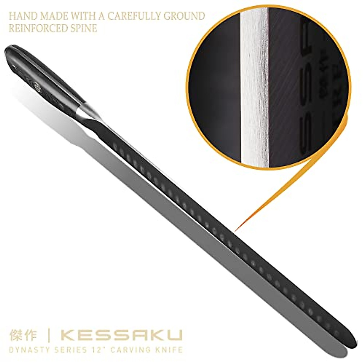 KESSAKU Carving Knife - 12 inch - Dynasty Series - Razor Sharp - Granton Edge - Forged ThyssenKrupp German High Carbon Stainless Steel - G10 Garolite Handle with Blade Guard