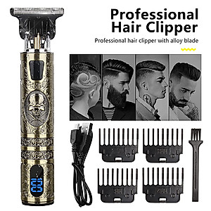 Professional Hair Trimmer for Men Cordless Hair Clippers LCD display Zero Gapped T Blade Rechargeable Multifunctional for Barber Family LCD-Skull-bronze