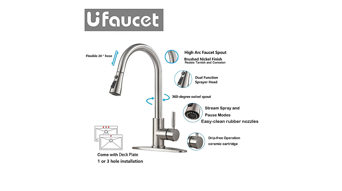 Ufaucet Brushed Nickel Kitchen Faucet with Pull Down Sprayer