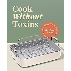 Caraway Roasting Pan - 16x13” Roasting Pan with Rack - Non-Stick Ceramic Coated - Non Toxic, PTFE & PFOA Free - Oven Safe & Compatible with All Stovetops - Cream