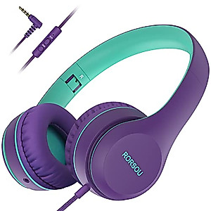 RORSOU K5 Kids Headphones with Microphone for shchool, Volume Limiter 85/94dB, Foldable Stereo Tangle-Free 3.5mm Jack Wired Cord On-Ear Headphones for Children/Boys/Girls/Kindle/Tablet/MP3/4 (Purple)