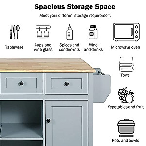 FRANSOUL Store Kitchen Cart, with Rubber Wood Drop-Leaf Countertop,Cabinet Door Internal Storage Racks, Kitchen Island on 5 Wheels, with Storage Cabinet and 3 Drawers, for Dining Room - Grey Blue