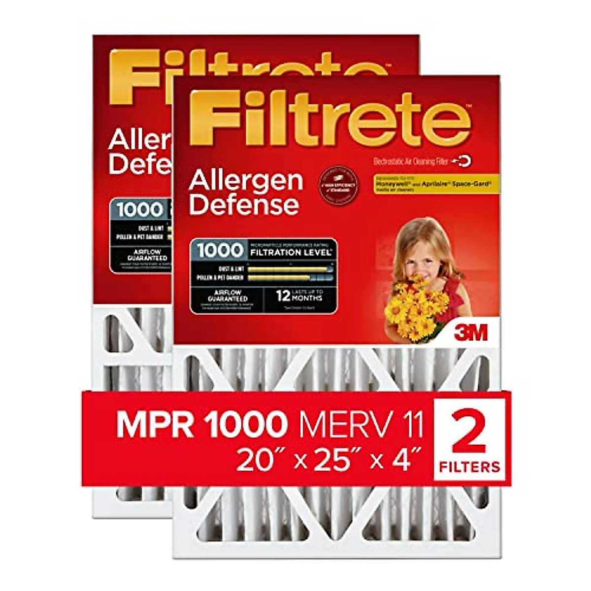 Filtrete 20x25x4 Air Filter, MPR 1000, MERV 11, Allergen Defense 12-Month Deep Pleated 4-Inch Air Filters, 2 Filters