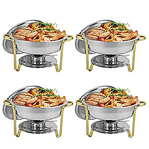 Restlrious Chafing Dish Buffet Set Stainless Steel Round Chafers and Buffet Warmers Sets 5QT 4 Pack, Complete Set for Buffet Catering w/Water Pan, Food Pan, Fuel Holder and Lid in Gold Accent