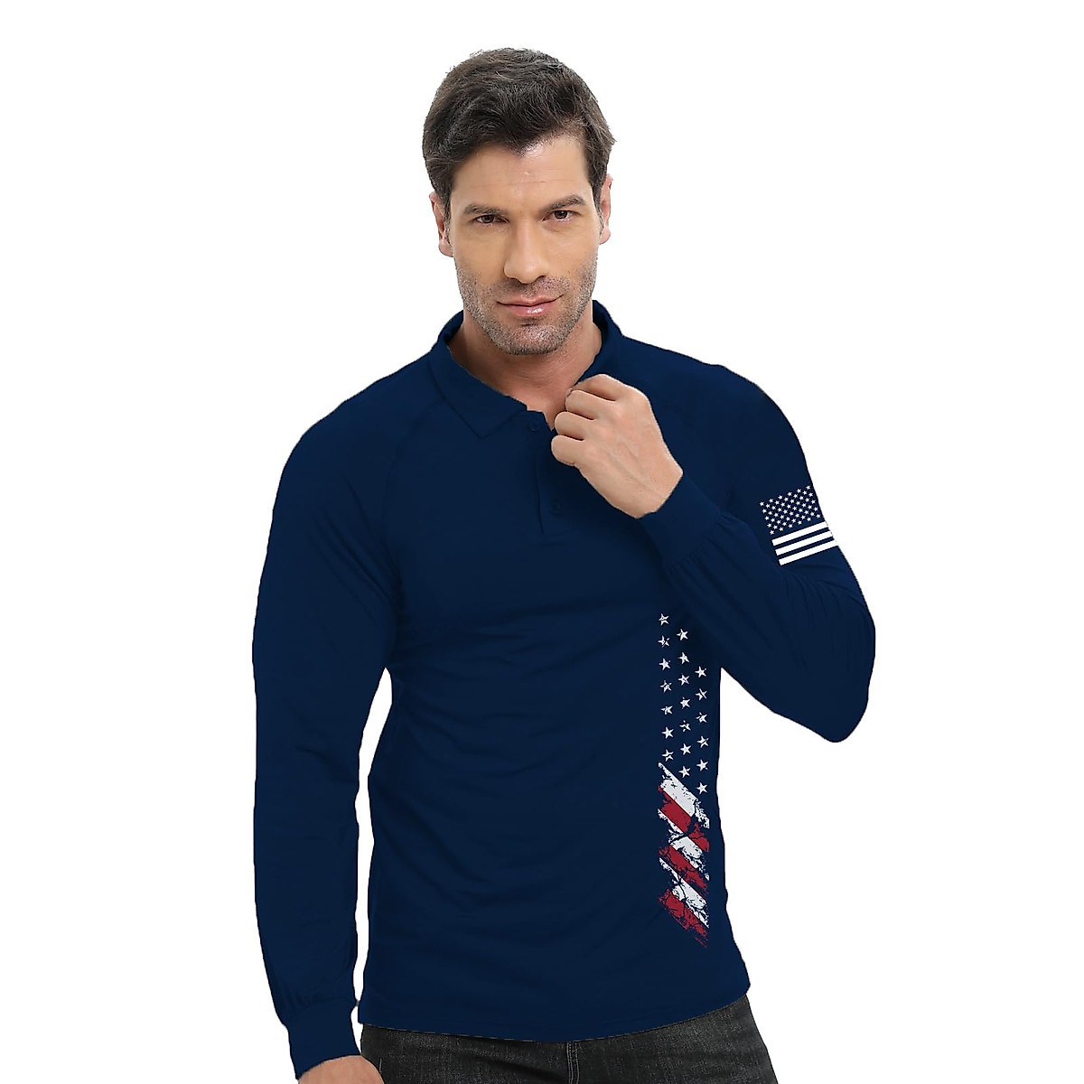 H HYFOL Long Sleeve Polo Shirts for Men Graphic Stretch Casual American Patriotic Raglan Golf Polos for Men(Navy Blue,XL)