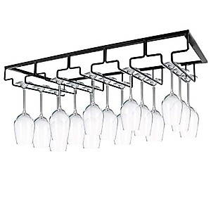 MOCOUM Wine Glasses Rack Under Cabinet Stemware Rack, Wine Glass Hanger Rack Wire Wine Glass Holder Storage Hanger for Cabinet Kitchen Bar (Black, 5 Rows 1 Pack)
