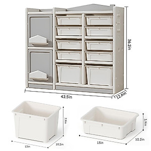 Runboll Toy Storage Organizer Bookshelf Multipurpose Toys Organization Chest with 10 Bins 2 Cabinets and 2 Shelves for School, Bedroom, Playroom or Nursery