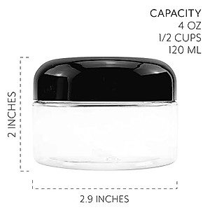 Cornucopia 4-Ounce Clear Plastic Jars (12-Pack); Jars w/Black Domed Lids for Cosmetics, Kitchen Spices, Crafts & Office