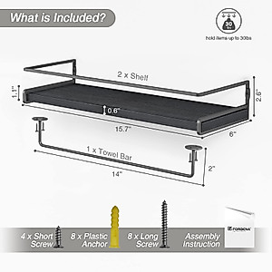 Forbena Black Floating Shelves for Bathroom Wall Set of 2, Kitchen Spice Rack Wall Mount, Modern Wood Hanging Wall Shelves for Bedroom Organizer, Restroom Pantry Closet Storage (Grey-Black)