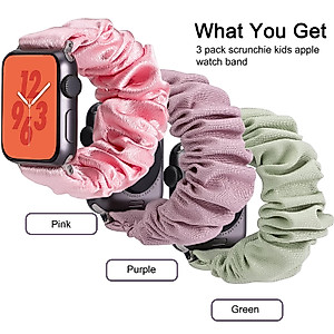 [3 Pack] Scrunchie Band Compatible with Kids Apple Watch Band 38mm 40mm 41mm & 42mm 44mm 45mm,Cute Printed Elastic Solo Loop Bands for iWatch Series 9/8/7/6/5/4/3/SE/SE2/Ultra 2/Ultra,Boys & Girls
