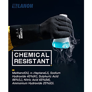 LANON Nitrile Chemical Resistant Gloves, Reusable Heavy-Duty Rubber Gloves with MicroFoam Textured Palm, Acid, Alkali and Oil Protection, Black, Large