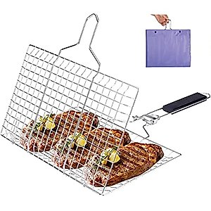 Fish Grill Basket,Olighan Foldable Grilling Basket with Removable Handle,Stainless Steel Large Folding BBQ Rack,Portable Camping Grilling baskets for Vegetables,Steak,Fish,Shrimpand at Home or Outdoor