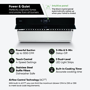 Pacific Side Suction Under Cabinet Ducted Range Hood 30 inch - 1200CFM 4-Speed Powerful Wall Mount Kitchen Vent Hood - Electric Stainless Steel, Ultra Quiet, Touch Control, LED Lights PQ6830AB