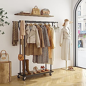 Hoctieon Heavy Duty Double Rod Clothing Racks for Hanging Clothes,Extensible Garment Rack With Wheels,Clothes Rack with Wooden Bottom Shelves