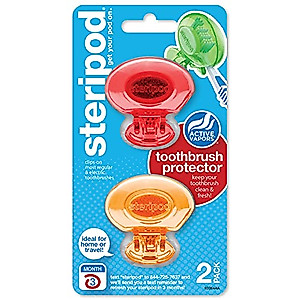 Steripod Clip-on Toothbrush Protector, Red/Orange, 2 Count, (Pack of 1)