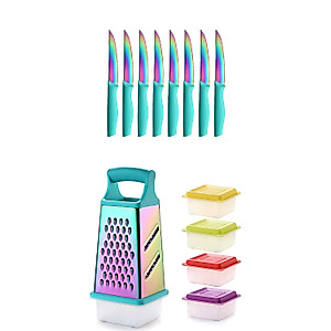 Marco Almond KYA47 Rainbow Titanium Serrated Stainless Steel Steak Knives Set of 8 + KYA57 rainbow titanium box grater