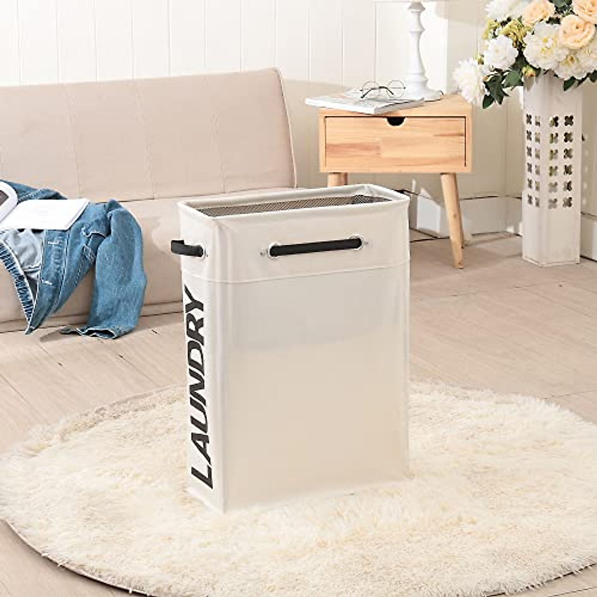 Comfortez Slim Laundry hamper with handles Portable Narrow cloth hamper Skinny laundry hamper Waterproof Clothes hamper Fabric baskets for laundry（Beige）