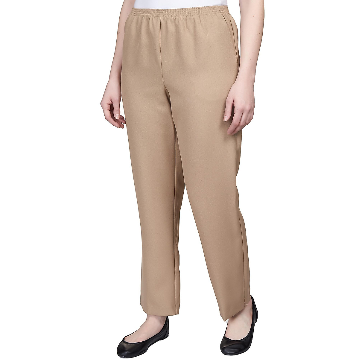Alfred Dunner Women's Around Elastic Waist Polyester Short Pull-On Style Pants, Tan, 12 Petite