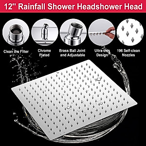 Shower Head, NERDON 12'' High Pressure Rainfall Shower Head Handheld Combo 5 Settings with 15'' Brass Height/Angle Adjustable Extension Arm 60" Hose, Stainless Steel Bath Rain Showerhead with 4 Hooks
