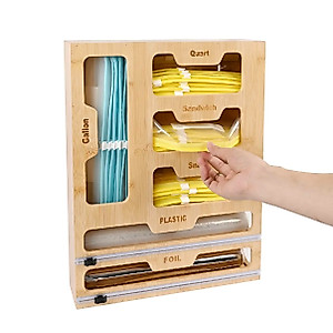 Generic Bag Storage Organizer for Kitchen Drawer, 6 in 1 Foil and Plastic Wrap Dispenser with Cutter, Bamboo Plastic Bag Food Baggie Organizer, brown, M-4hf01