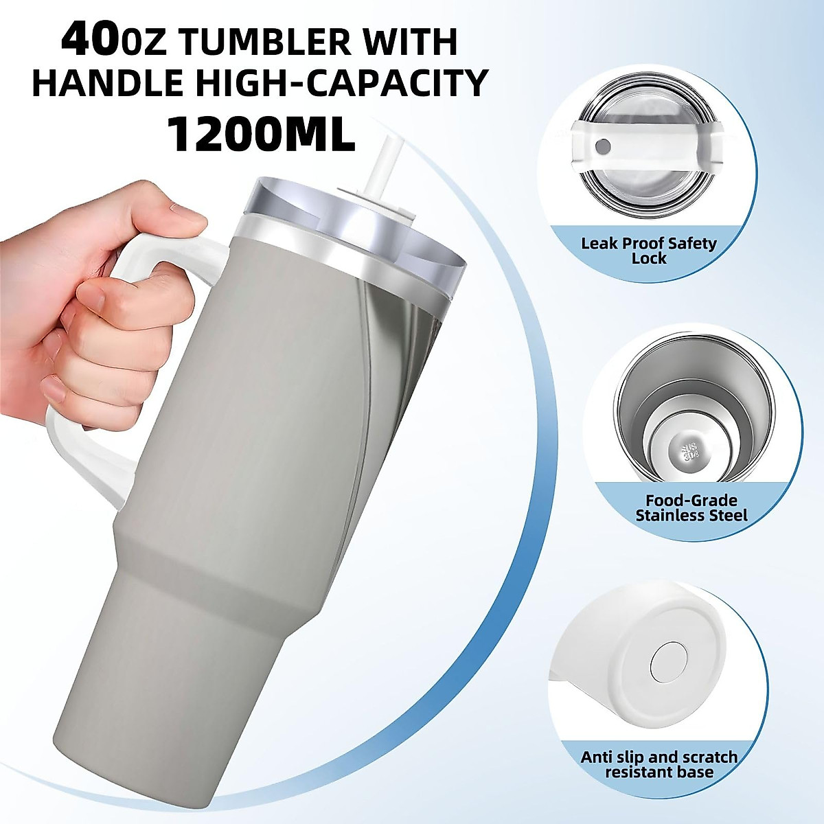 Zsuugj Silver Sparkle Glam Bling 40 Oz Tumbler With Handle And Straw Lid Car Cup Stainless Steel Water Bottles Insulated Coffee Cup Travel Mug Gifts For Men Women