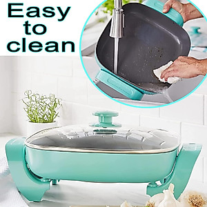 Electric Skillet Ceramic Nonstick 5QT - 12" Square with Glass Lid, Adjustable Temperature Control, Dishwasher Safe, Turquoise, Nozaya