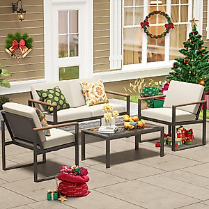 NATURAL EXPRESSIONS 4 Pieces Patio Furniture Sets,Metal Outdoor Patio Furniture Sets,Outdoor Sectional Furniture Patio Conversation Set,Wooden Anti-Scald Armrest,Sling Mesh,4" Olefin Cushions