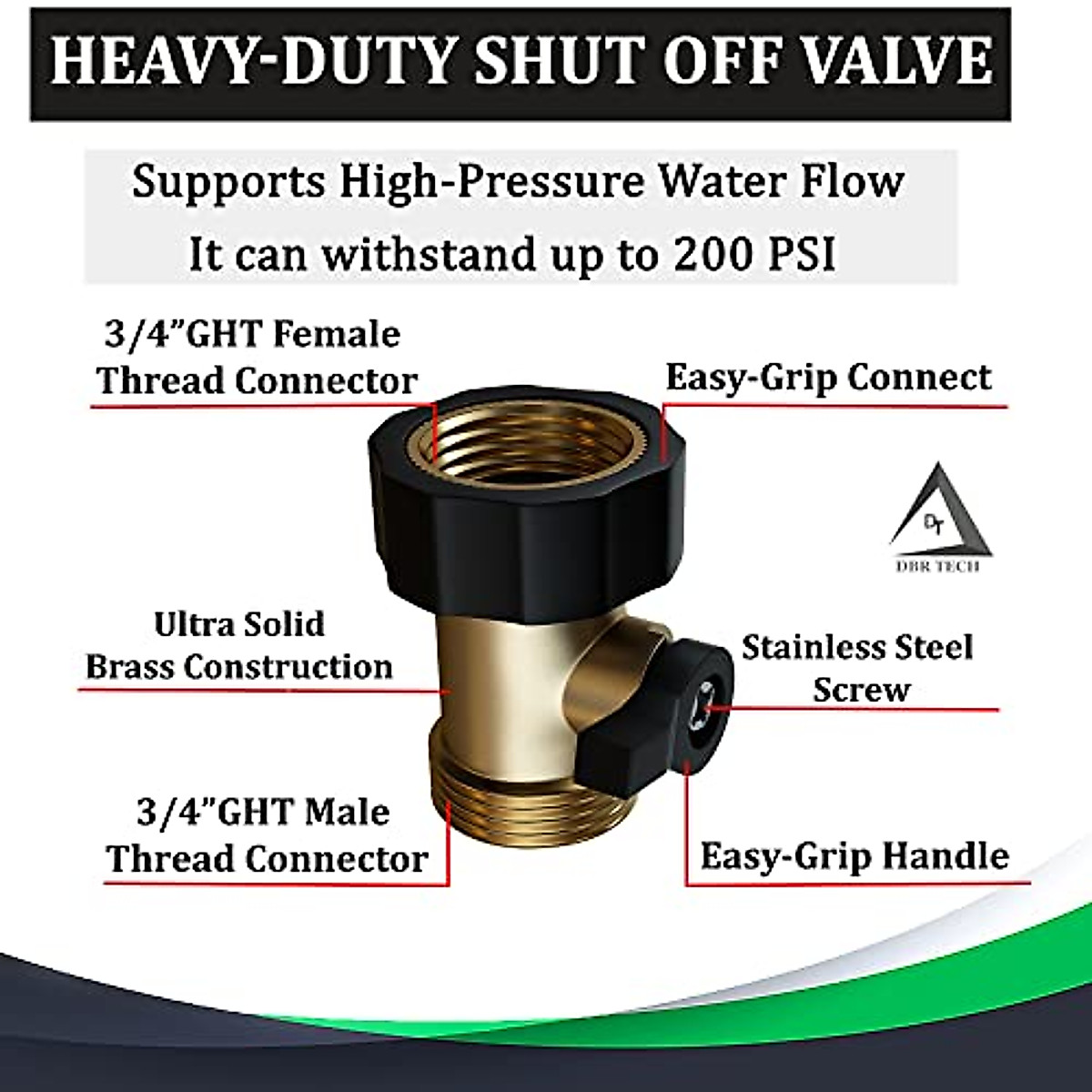 DBR Tech Heavy Duty Brass Shut Off Valve, Garden Connector Attachment with Rubber Washers for Outdoor Lawn and Gardening Hoses, Leak Resistant Threading, 3/4 Inch