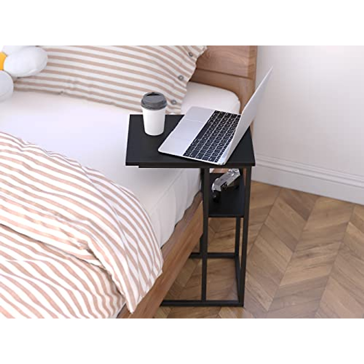Yusong C Shaped End Table, Small Side Tables Slide Under Sofa Couch Bed, Small TV Tray Bedside Table for Small Spaces, Living Room, Bedroom, Black