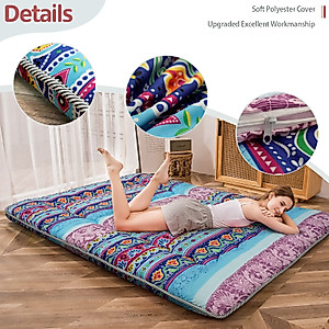 MAXYOYO Bohemian Floor Mattress Futon Mattress Vintage Floral Japanese Futon Mattress Roll Up Tatami Floor Mat Foldable Bed Portable Camping Mattress Sleeping Pad Floor Lounger Bed Full Size