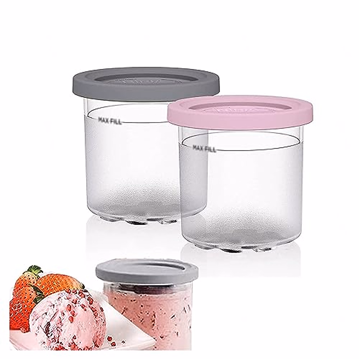 EVANEM 2/4/6PCS Creami Deluxe Pints, for Ninja Ice Cream Maker Pints,16 OZ Creami Pint Safe and Leak Proof Compatible with NC299AMZ,NC300s Series Ice Cream Makers,Pink+Gray-2PCS