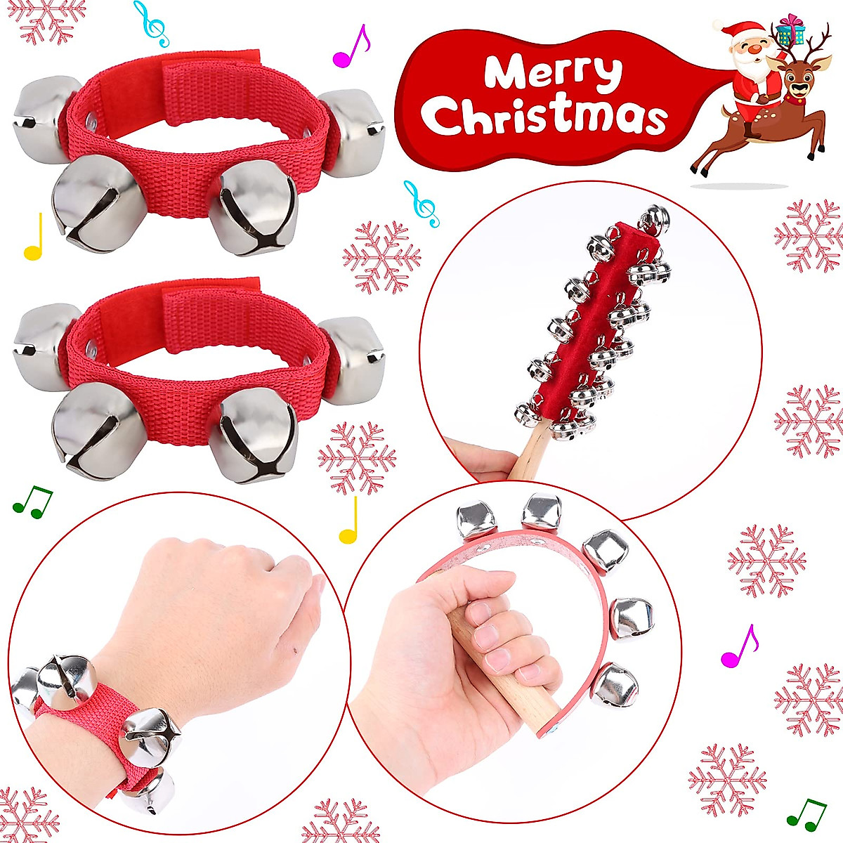 6 PCS Christmas Handle Jingle Bells Wooden Handheld Sleigh Bells Wrist Band Jingle Bells Tambourine Handbell Jingle Shaker Bells with Wooden Grip for Handheld Bells Music Enlightenment (3 Styles)