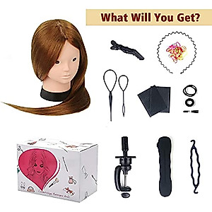 Beauty Star-Mannequin Head with 80% Real Human Hair, Mannequin Head with hair, Manikin Doll Head for Hair Styling with Table Clamp Holder + DIY Hair Styling Braid Set, Cosmetology Makeup Hairdressing Training Head ( Long 23.5inch, Light Brown )