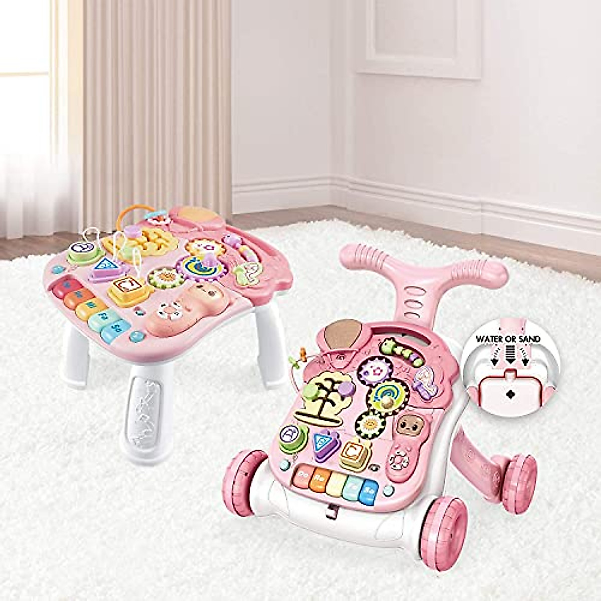 Baby Sit-to-Stand Learning Walker, 2 in 1 Baby Walker for Girls Boys, Educational Baby Push Walkers with Entertainment Activity Table, Baby Music Learning Toy Gift for Infant Boys Girls (Pink)
